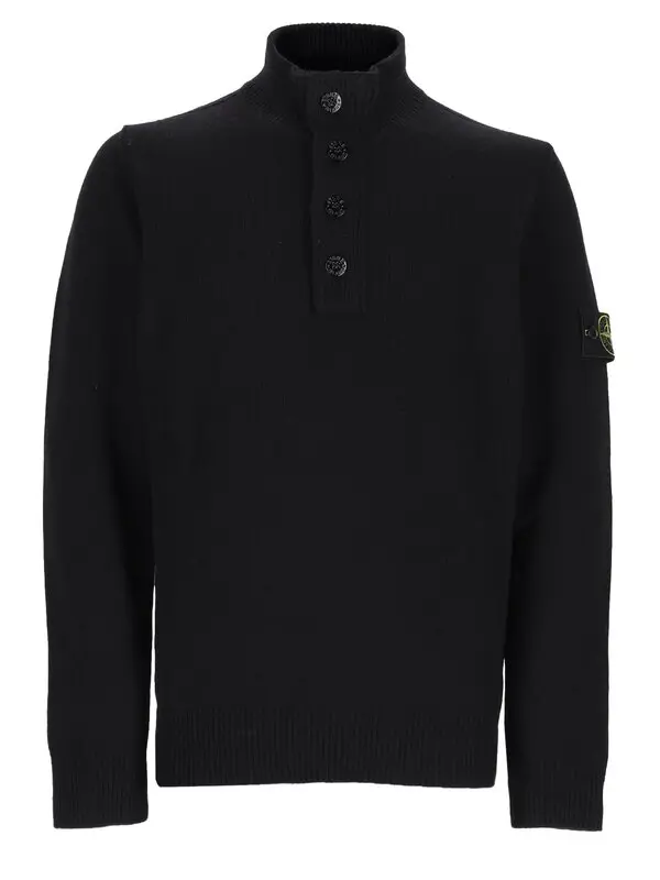 Stone Island Maglia Con Bottoni E Patch Logo - Black