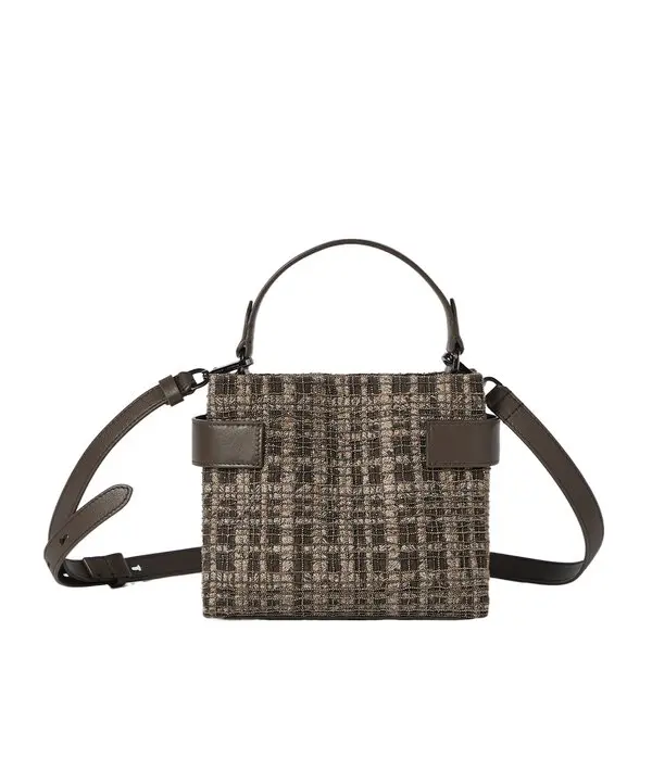 Brunello Cucinelli Essence Small Top-handle Bag In Suede With Precious Check Embroidery - Brown