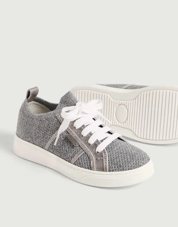 Brunello Cucinelli Knit Sneakers With Lamé Leather And Monili Embellishments