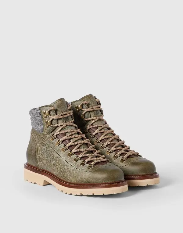 Brunello Cucinelli Lace-up Paneled Leather And Wool Boots - Olive