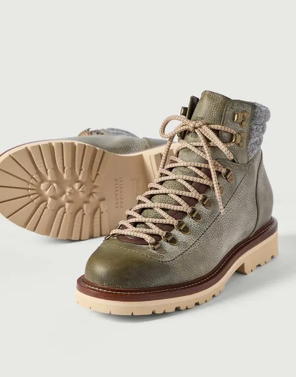 Brunello Cucinelli Lace-up Paneled Leather And Wool Boots - Olive