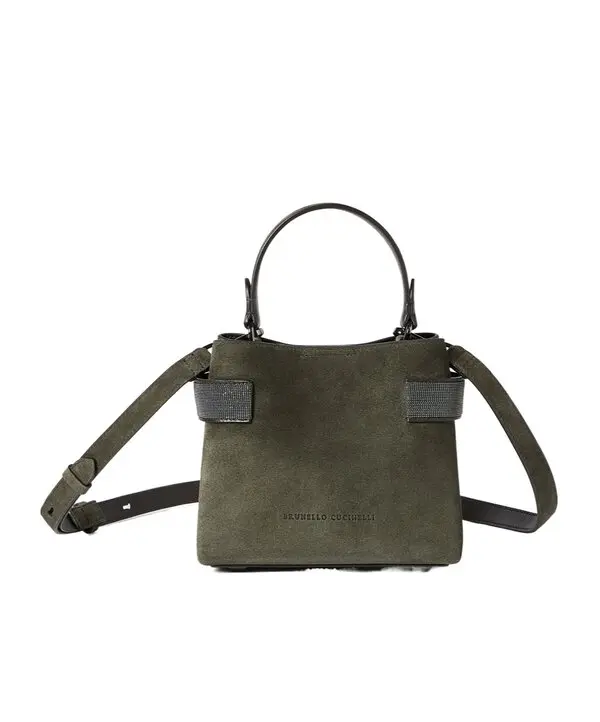Brunello Cucinelli Essence Small Top-handle Bag In Suede With Precious Bands - Green