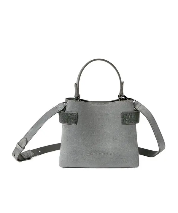 Brunello Cucinelli Essence Small Top-handle Bag In Suede With Precious Bands - Stone Gray