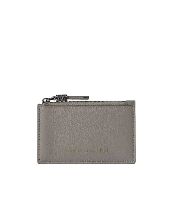 Brunello Cucinelli Grained Calfskin Card Case With Shiny Zipper Pull
