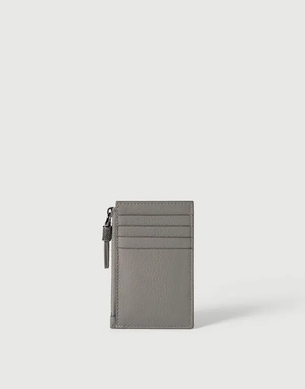 Brunello Cucinelli Grained Calfskin Card Case With Shiny Zipper Pull