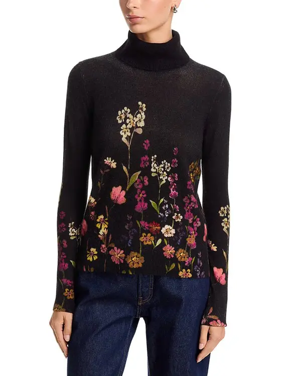 Bloomingdale'S Floral Print Turtleneck Cashmere Sweater, Exclusive - Black Multi