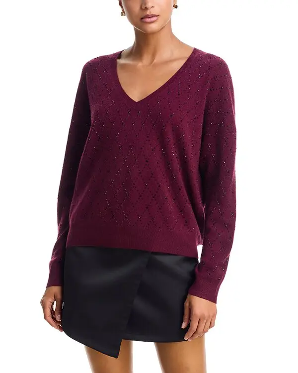Aqua Cashmere 100% Cashmere V Neck Sweater Exclusive - Black Cherry