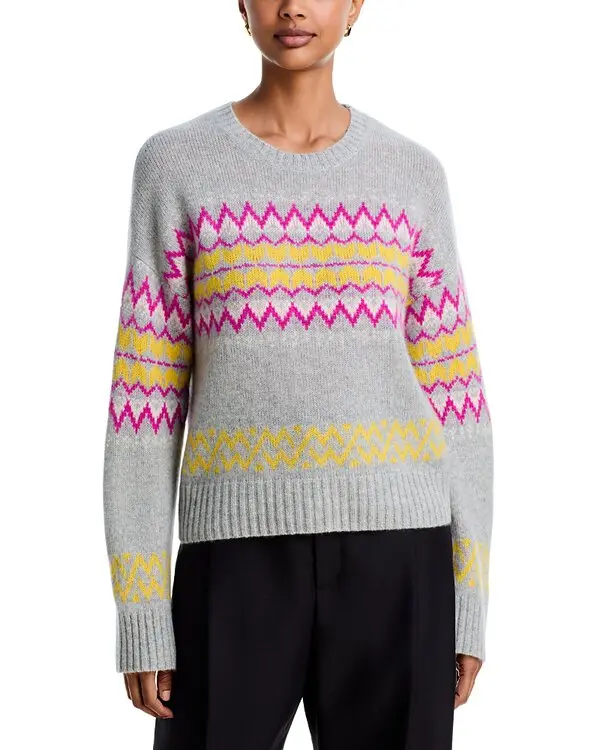 Aqua 100% Cashmere Fair Isle Crewneck Sweater
