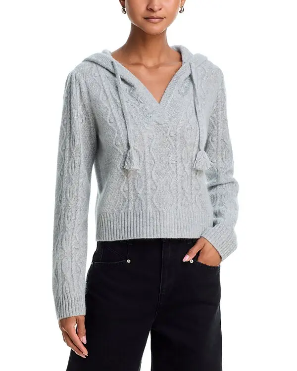 Aqua Cashmere 100% Cashmere V Neck Cable Knit Hoodie Sweater Exclusive - Light Grey