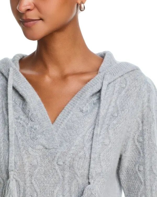 Aqua Cashmere 100% Cashmere V Neck Cable Knit Hoodie Sweater Exclusive