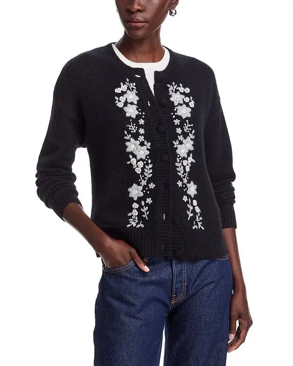 Bloomingdale'S Embroidered Floral Cashmere Cardigan Sweater, Exclusive - Black/ivory