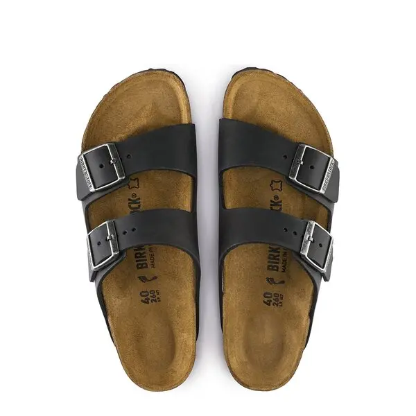 BIRKENSTOCK Arizona Oiled Leather Sandals With Dual Buckle Straps - Black