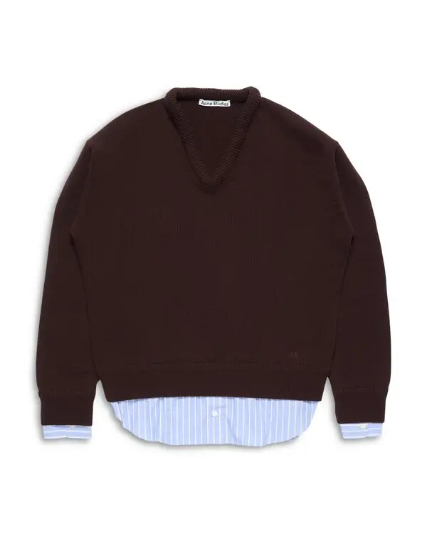 Acne Studios Layered Look Wool Sweater With Leather Elbow Patches
