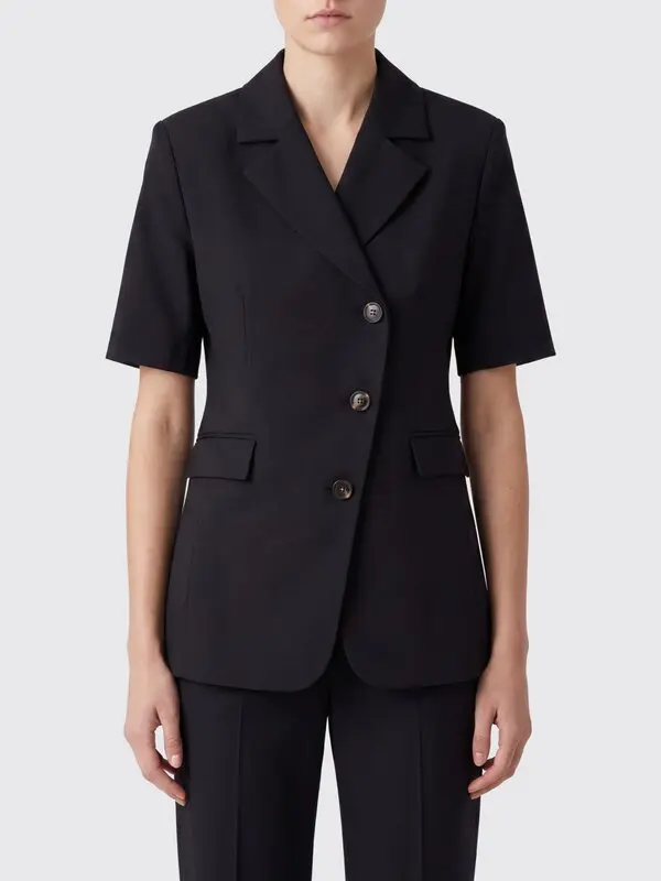 GANNI Short-sleeved Cropped Double-breasted Blazer In Organic Cotton - Black