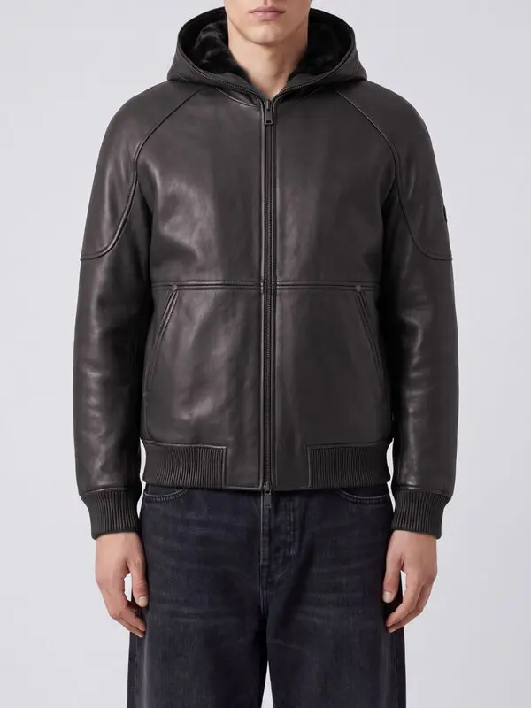 Moose Knuckles Leather Bomber Jacket With Hood