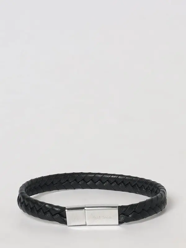 Paul Smith Braided Leather Bracelet With Magnetic Closure And Engraved Logo - Black