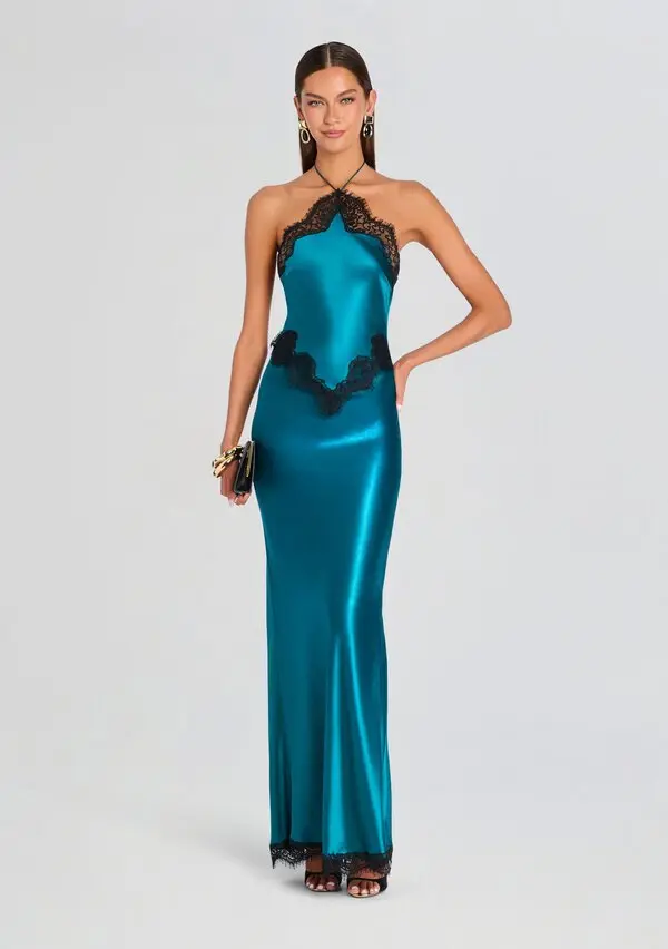 Retrofete Everly Lace Trim Halterneck Gown - Sarcelle/black