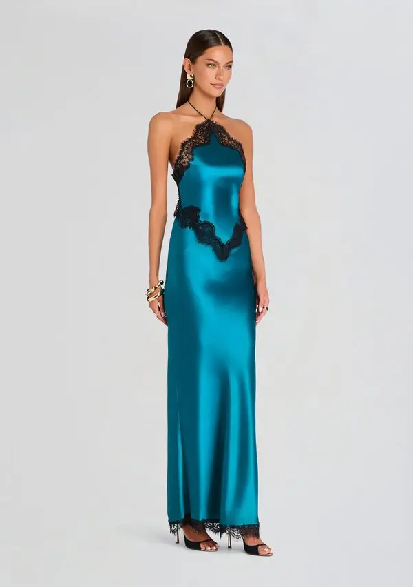 Retrofete Everly Lace Trim Halterneck Gown