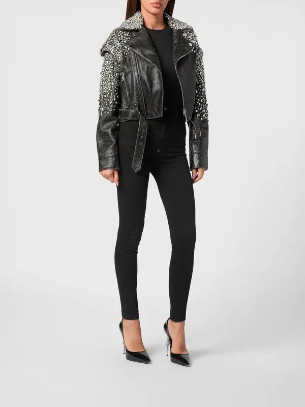 Philipp Plein Embellished Leather Biker Jacket