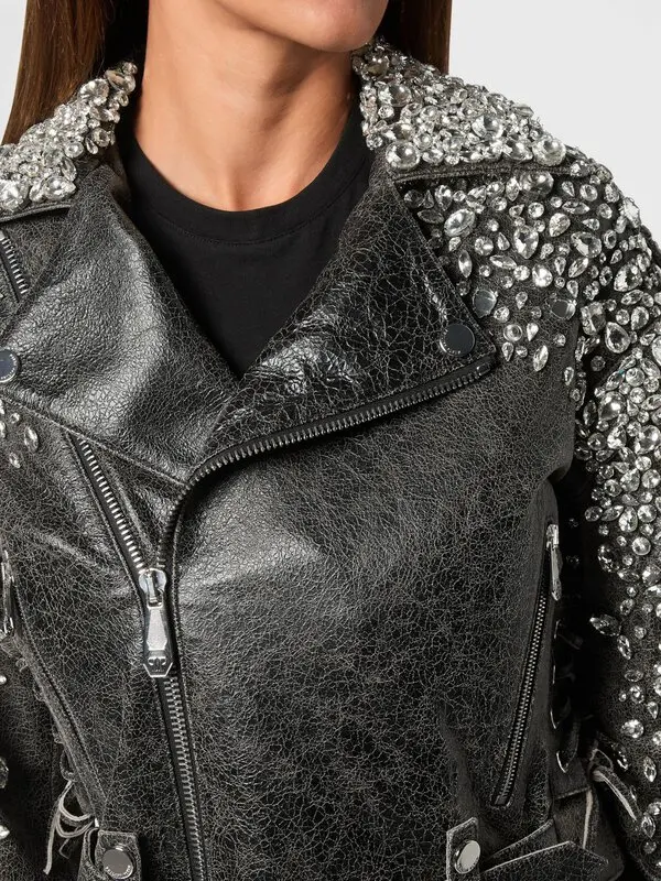 Philipp Plein Embellished Leather Biker Jacket