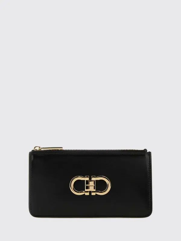 FERRAGAMO Cowhide Leather Wallet With Golden Metal Gancini Logo - Black