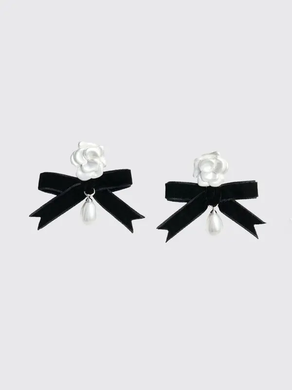 SELF-PORTRAIT Black Velvet Bow And Pearl Drop Earrings - White