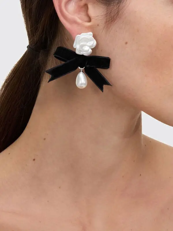 SELF-PORTRAIT Black Velvet Bow And Pearl Drop Earrings