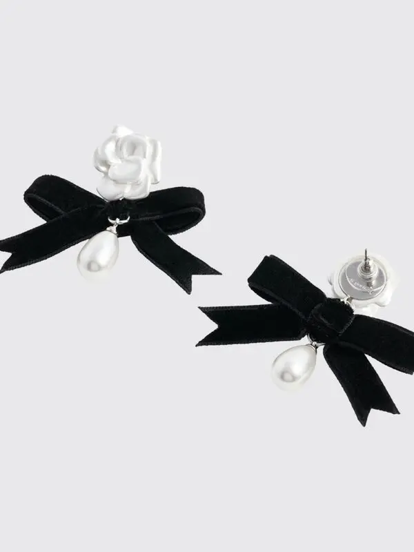 SELF-PORTRAIT Black Velvet Bow And Pearl Drop Earrings
