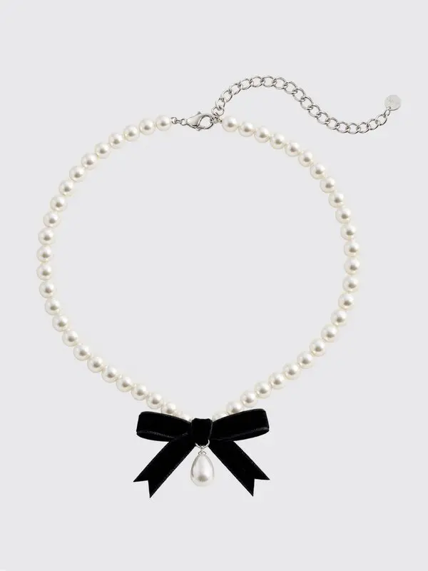 SELF-PORTRAIT Pearl Necklace With Black Velvet Bow And Pearl Drop - White