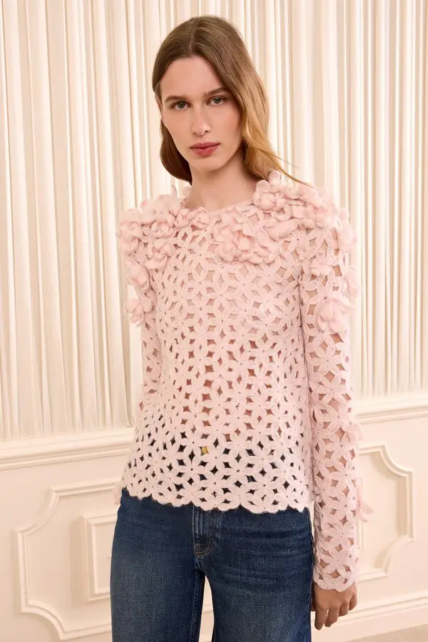 Ulla Johnson Bendetta Crochet Pullover With Embroidered Flowers