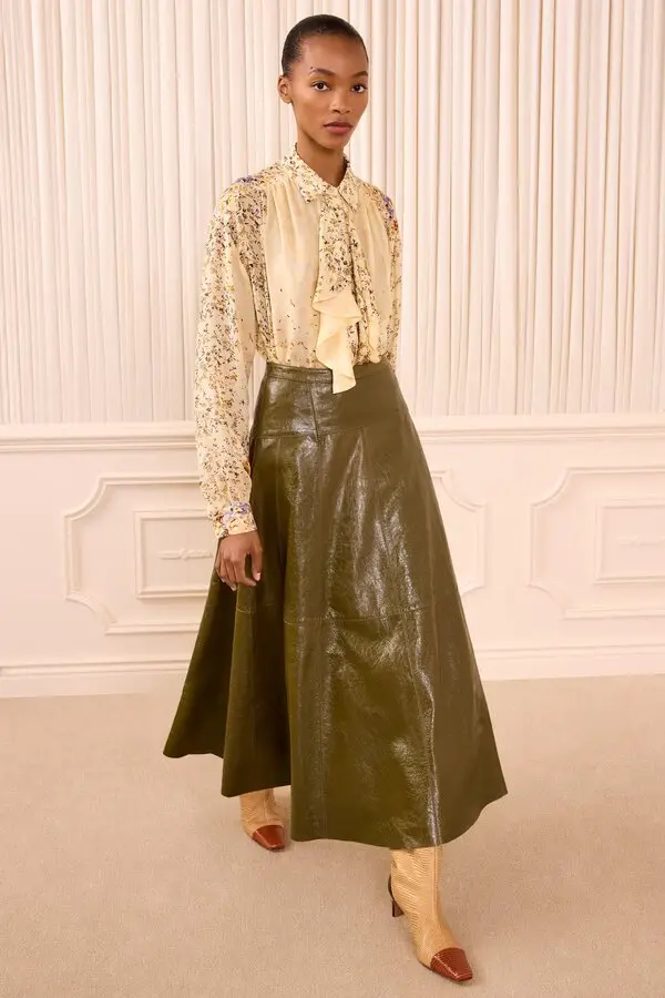 Ulla Johnson Aninda Paneled A-line Leather Midi Skirt - Lichen