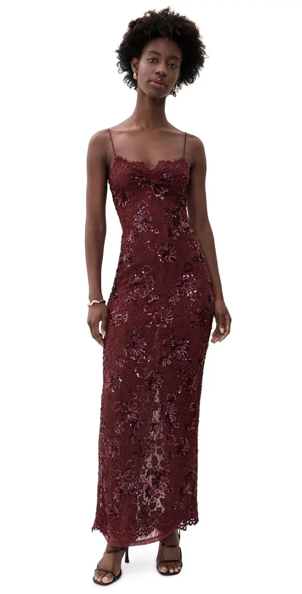 LoveShackFancy Ciona Sequin Lace Gown - Bordeaux