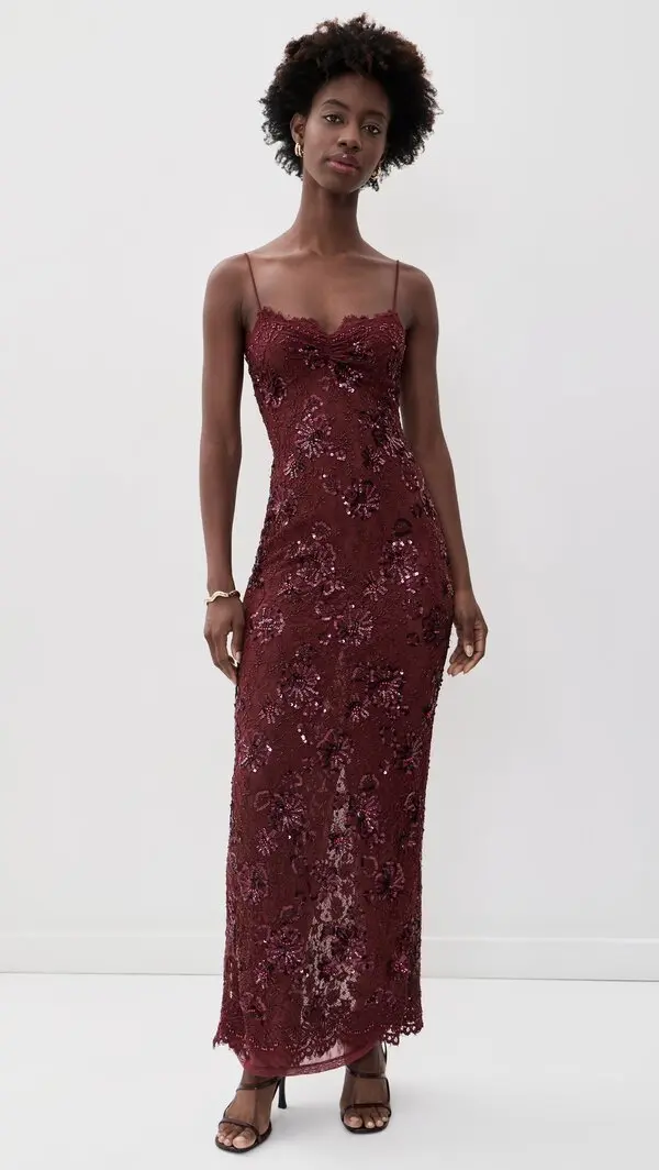 LoveShackFancy Ciona Sequin Lace Gown - Bordeaux