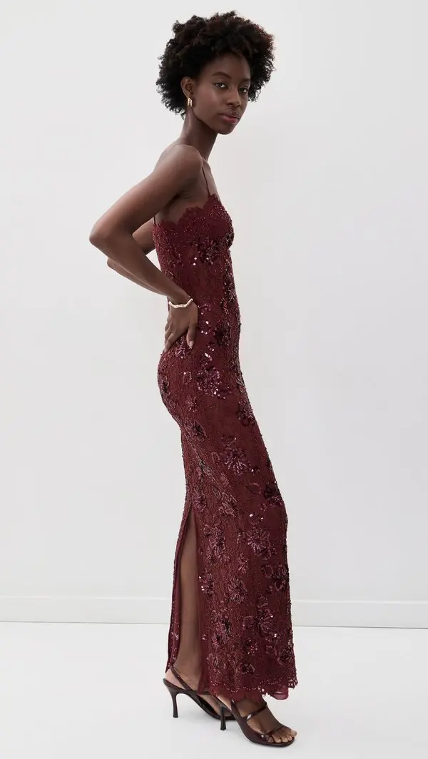 LoveShackFancy Ciona Sequin Lace Gown - Bordeaux
