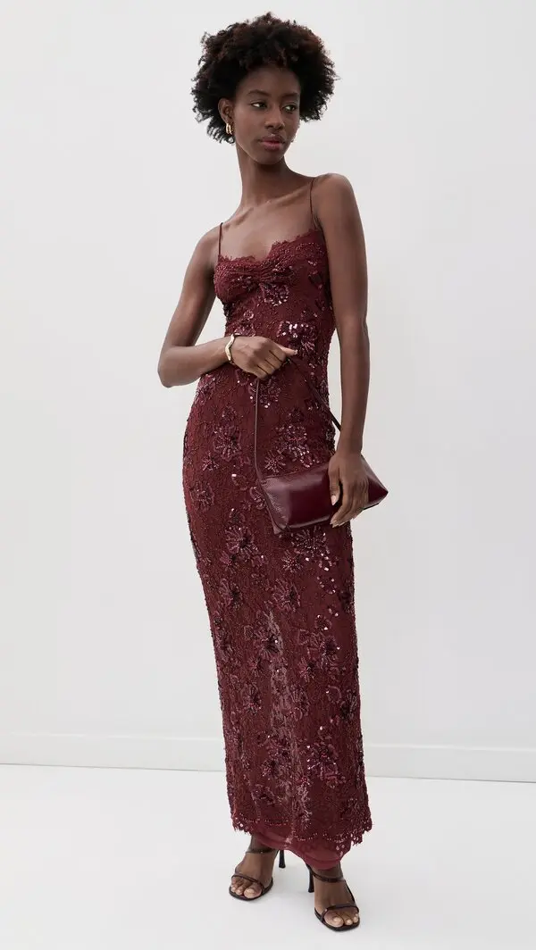 LoveShackFancy Ciona Sequin Lace Gown - Bordeaux