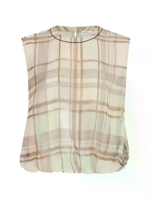 Brunello Cucinelli Macrocheck-print Organza Blouse - Neutrals