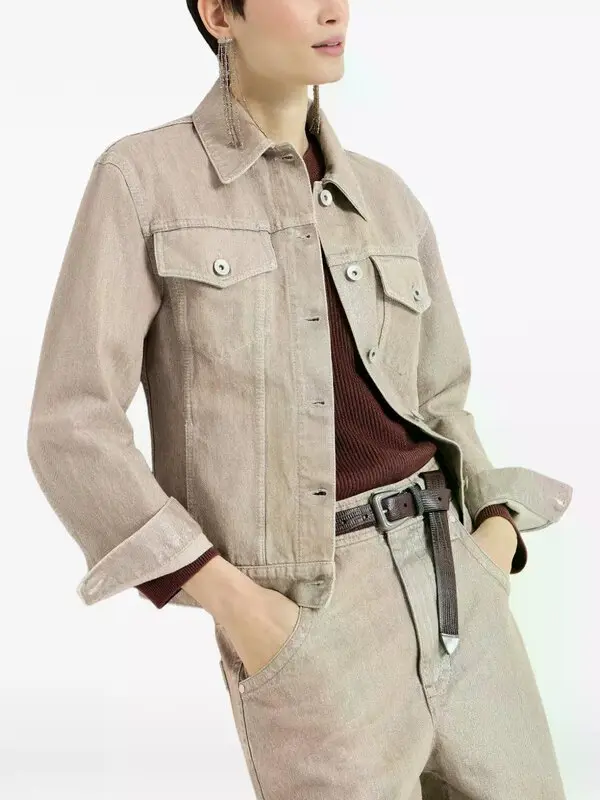 Brunello Cucinelli Beige Lamé Denim Four-pocket Outerwear Jacket With Monili