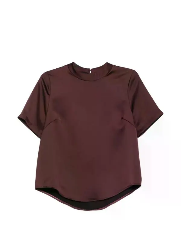 Imperial Bordeaux Red Satin Finish High Neck Short Sleeve Top - Brown