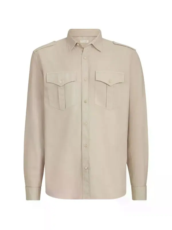 Brunello Cucinelli Garment-dyed Shirt In Cotton Chevron With Spread Collar, Epaulettes And Chest Pockets - Neutrals