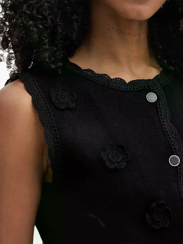 MORGAN Floral Appliqué Lace-trim Sleeveless Cardigan - Black