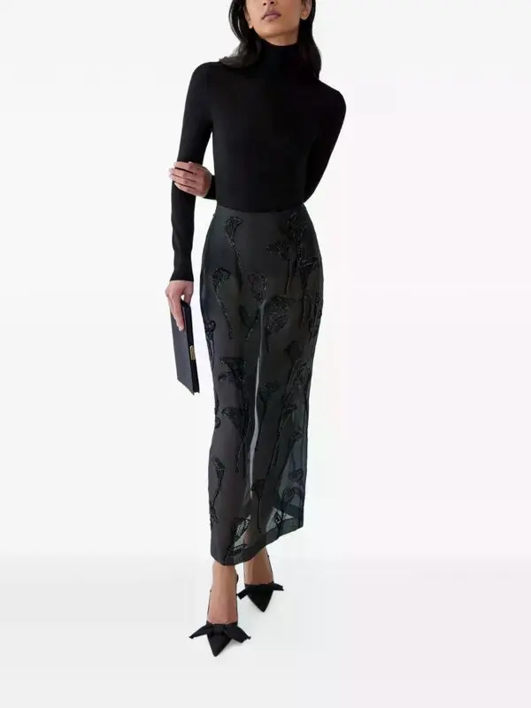 Carolina Herrera Floral-embroidered Organza Midi Skirt - Black