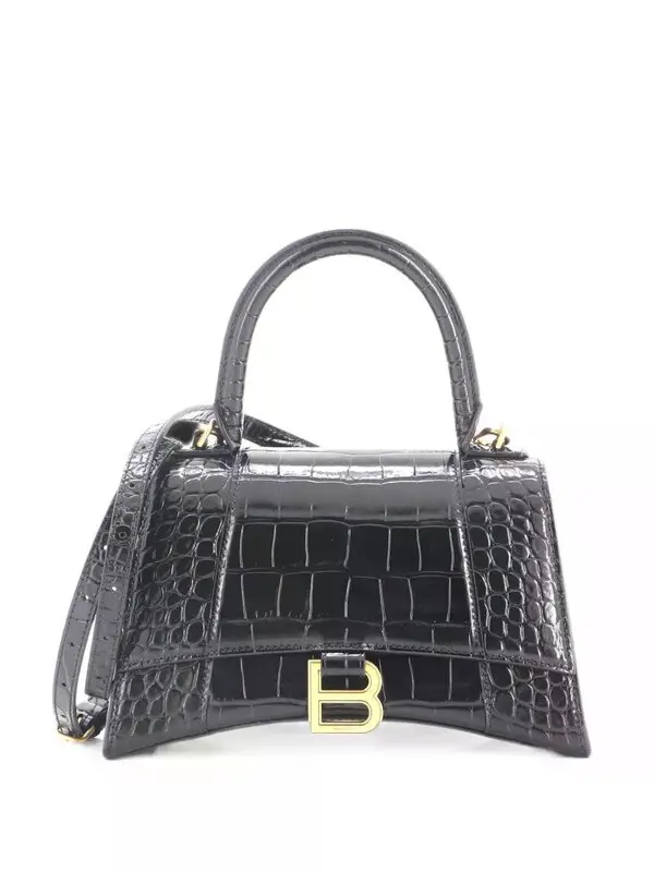 Balenciaga Hourglass Top Handle Bag Crocodile Embossed Leather Small Crossbody Bag - Black