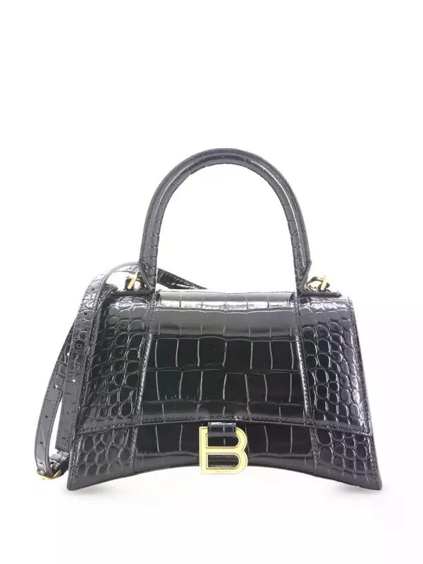 Balenciaga Hourglass Crocodile Embossed Top Handle Bag - Black
