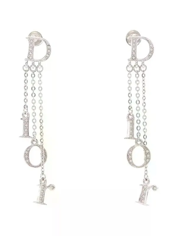 Dior 2010s Logo Rhinestone Drop Earrings - Silver