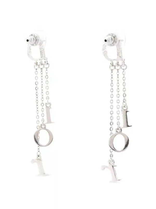 Dior 2010s Logo Rhinestone Drop Earrings - Silver