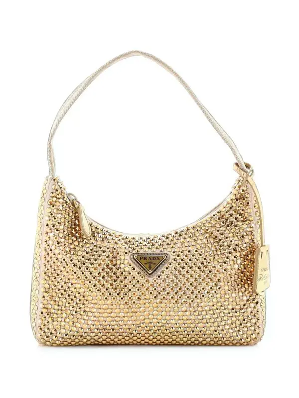 Prada Re-edition 2000 Crystal Embellished Satin Mini Hobo Bag - Gold