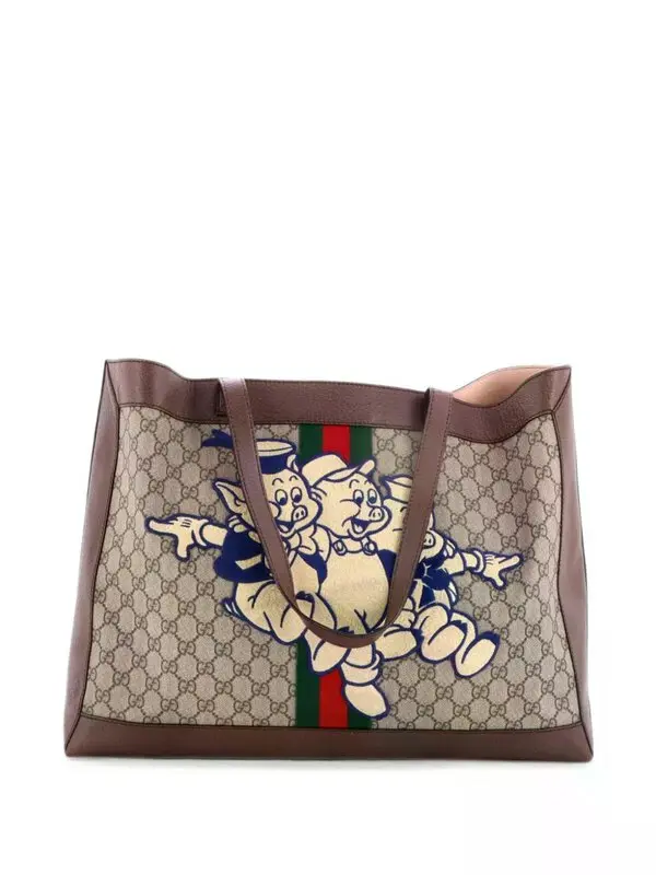 Gucci Disney Three Little Pigs Ophidia Soft Open Gg Coated Canvas East West Tote Bag - Brown