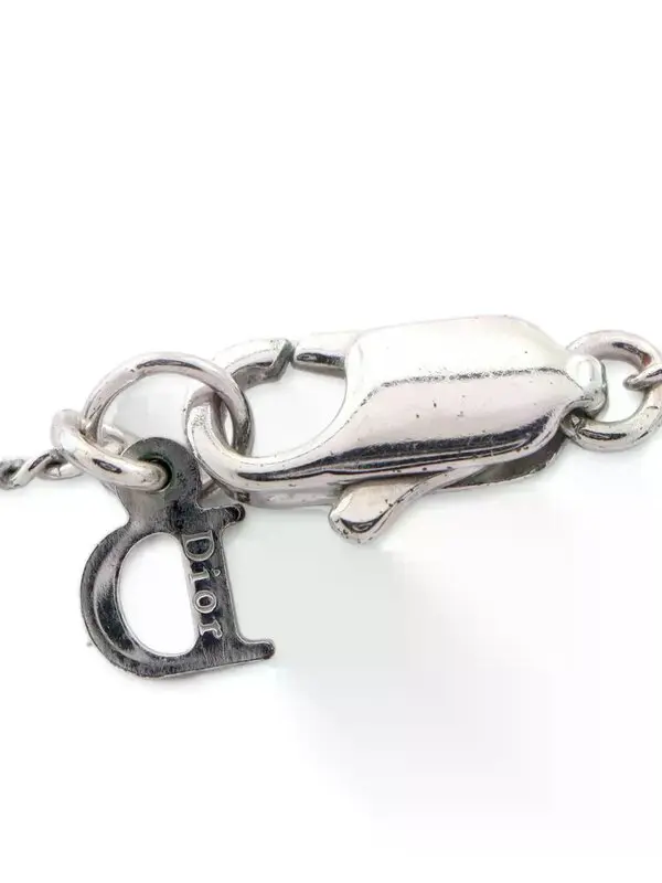 Dior Rhinestone Embellished Logo Pendant Necklace - Silver