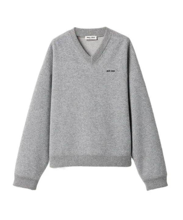 Miu Miu Cashmere And Jersey V-neck Sweater - Grey