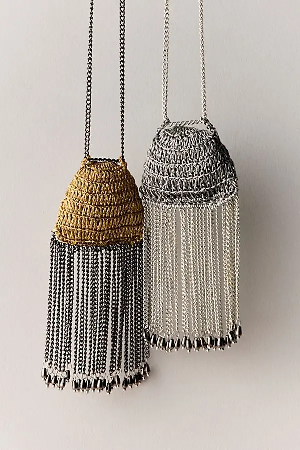 Free People Zelda Pouch Necklace With Fringe Detail - Hematite Base